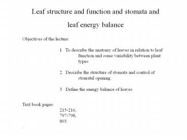 Leaf structure and function and stomata and leaf energy balance ...