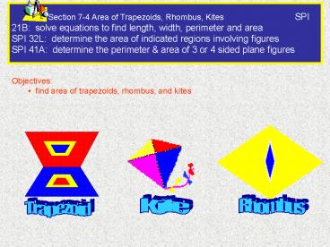 Section 7-4 Area of Trapezoids, Rhombus, Kites SPI 21B: solve equations ...