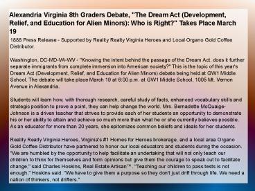 Alexandria Virginia 8th Graders Debate, "The Dream Act (Development ...