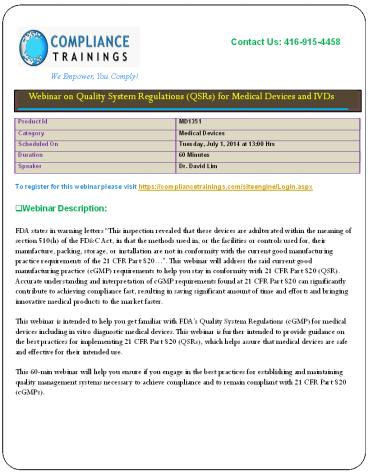 PPT – Webinar on Quality System Regulations (QSRs) for Medical Devices ...