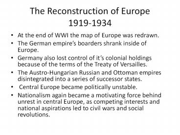 PPT – The Reconstruction of Europe 1919-1934 PowerPoint presentation ...