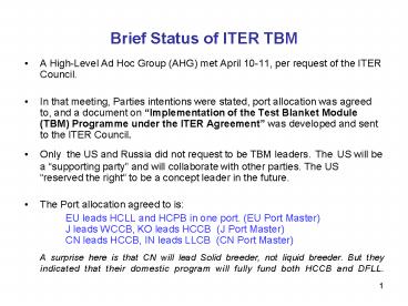 PPT – Brief Status of ITER TBM PowerPoint presentation | free to download - id: 74839e-YzFkO