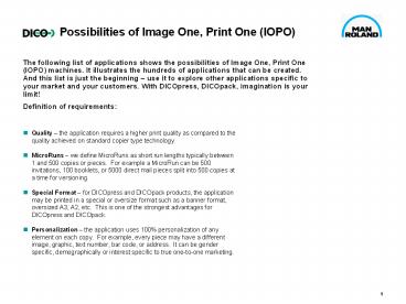 The following list of applications shows the possibilities of Image One ...