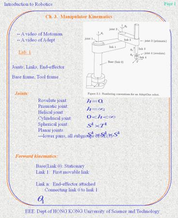 Ch. 3. Manipulator Kinematics presentation | free to view