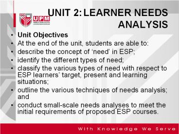 UNIT 2:LEARNER NEEDS ANALYSIS presentation | free to view