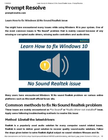 Learn How to fix Windows 10 No Sound Realtek issue presentation | free ...
