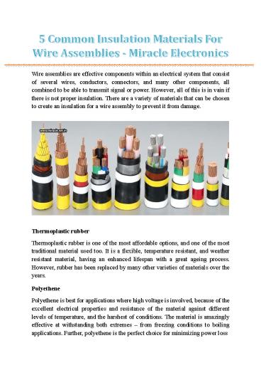 5 Common Insulation Materials For Wire Assemblies - Miracle Electronics ...