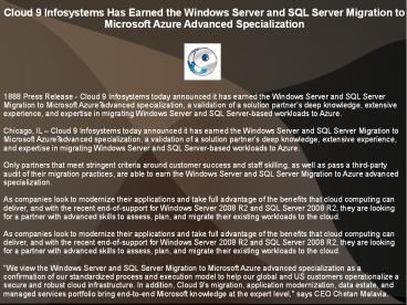 Cloud 9 Infosystems Has Earned the Windows Server and SQL Server Migration to Microsoft Azure ...