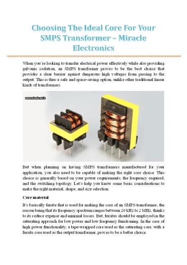 Choosing The Ideal Core For Your SMPS Transformer – Miracle Electronics ...