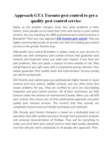 Approach GTA Toronto pest control to get a quality pest control service ...