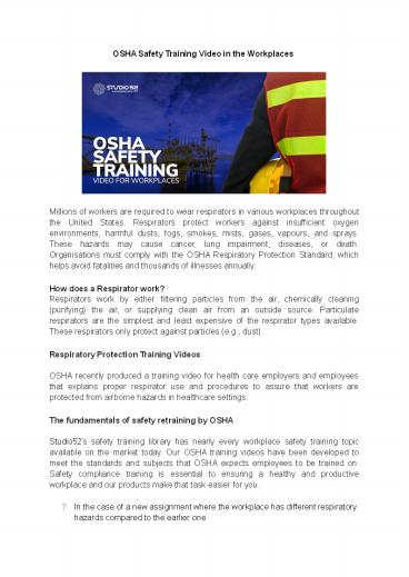 OSHA Safety Training Video in the Workplaces presentation | free to ...