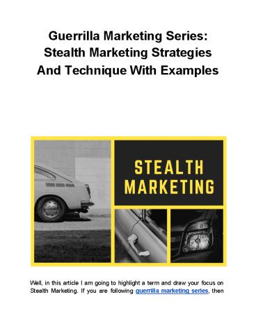 Guerrilla Marketing Series:- Stealth Marketing Strategies And Technique ...