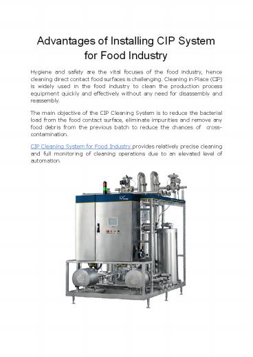 Advantages of Installing CIP System for the Food Industry presentation ...