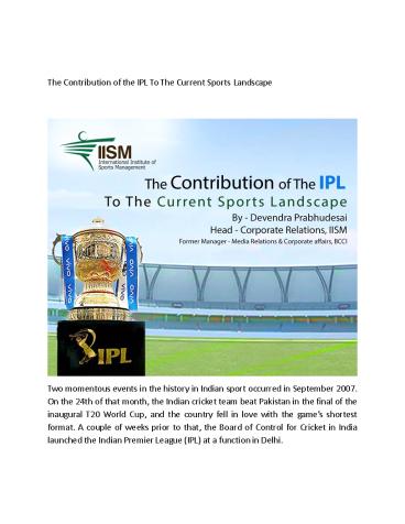 The Contribution of the IPL To The Current Sports Landscape ...