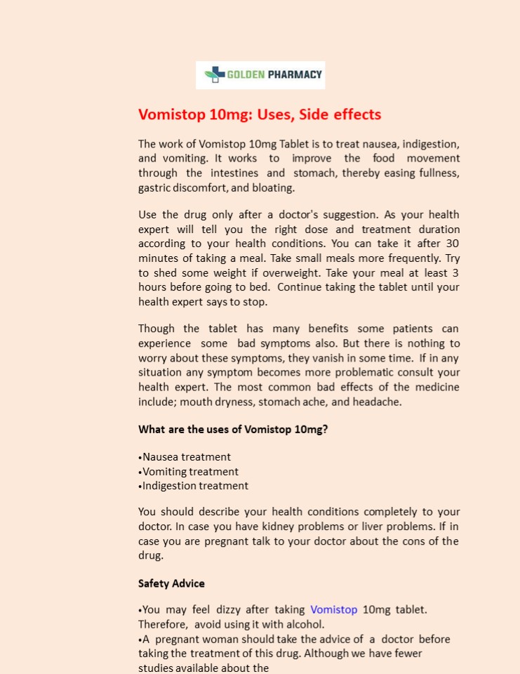 Vomistop 10mg: Uses, Side effects presentation | free to download