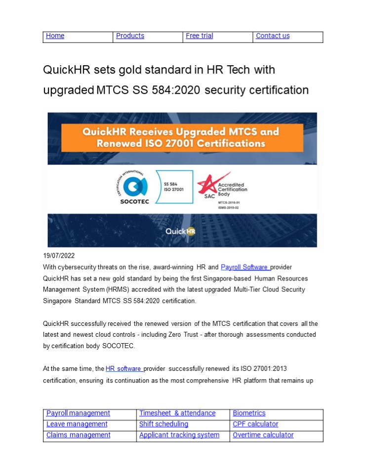 QuickHR sets gold standard in HR Tech with upgraded MTCS SS 584:2020 ...