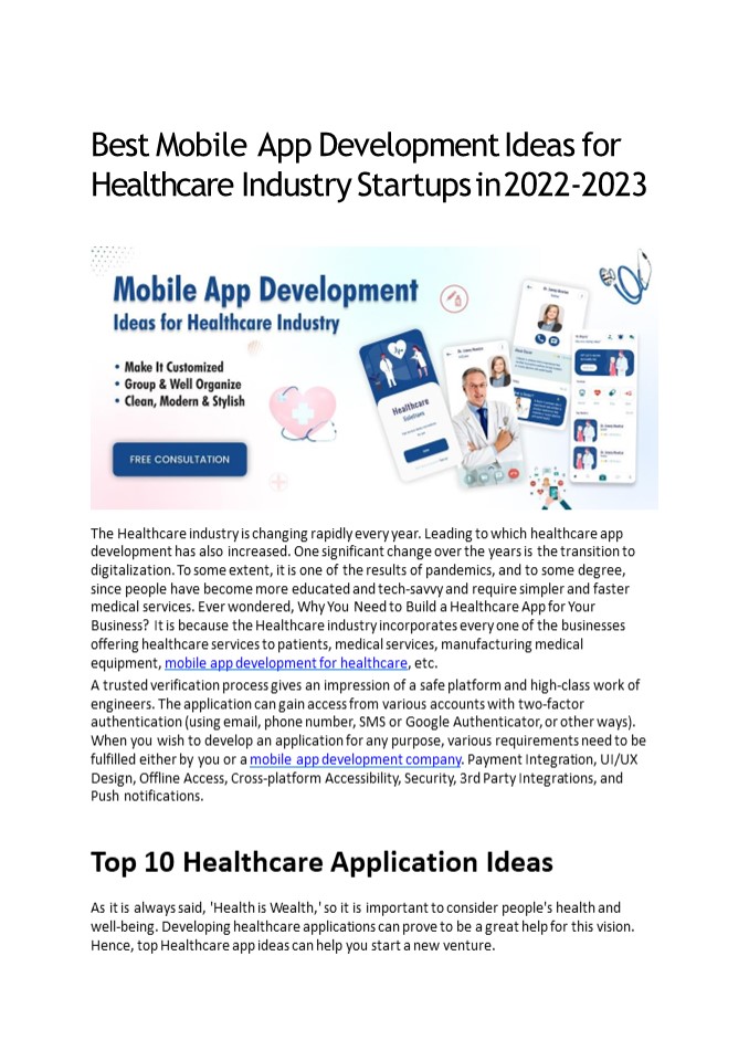 Best Mobile App Development Ideas for Healthcare Industry Startups in ...