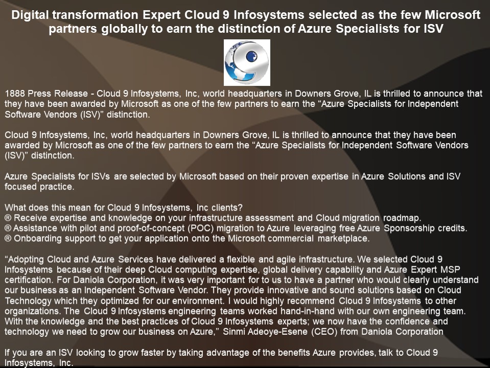 Digital transformation Expert Cloud 9 Infosystems selected as the few Microsoft partners ...