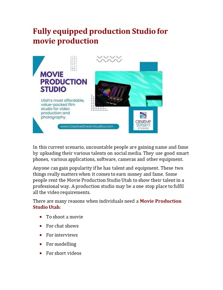 Fully equipped production Studio for movie production presentation ...