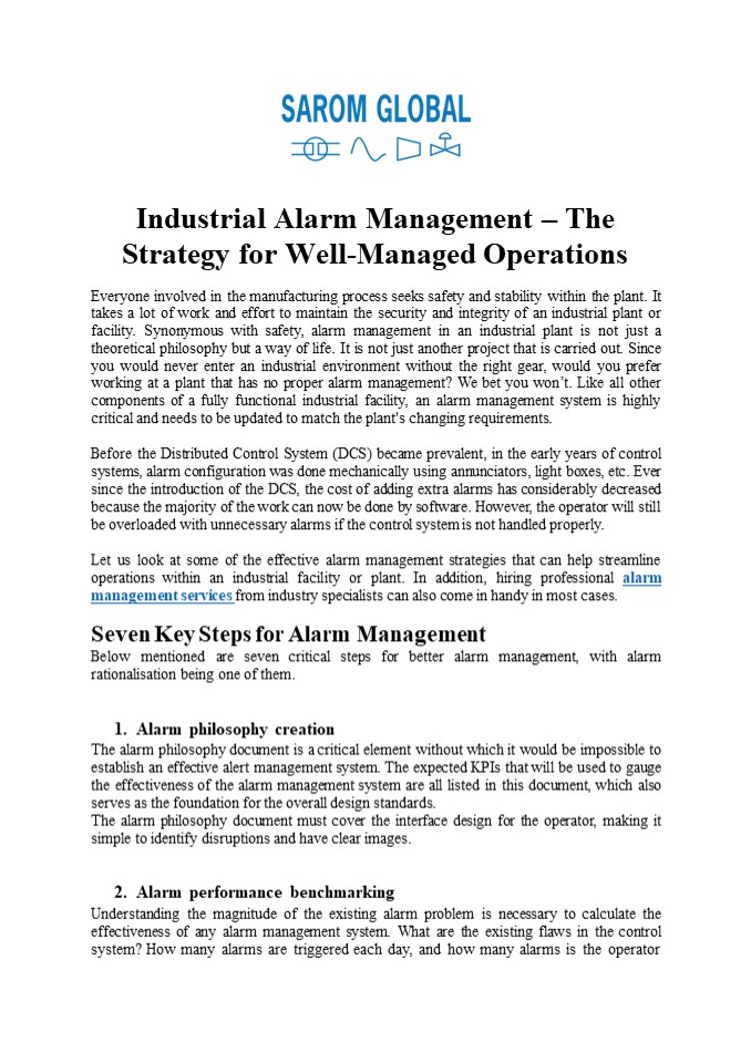 Industrial Alarm Management – The Strategy for Well-Managed Operations ...