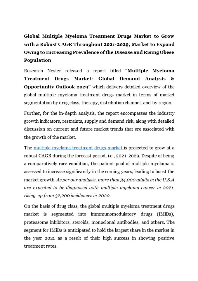 Multiple Myeloma Treatment Drugs Market to Grow with a Robust CAGR ...