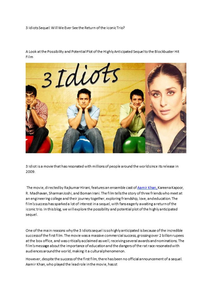 PPT – 3 Idiots Sequel: Will We Ever See the Return of the Iconic Trio? PowerPoint presentation ...