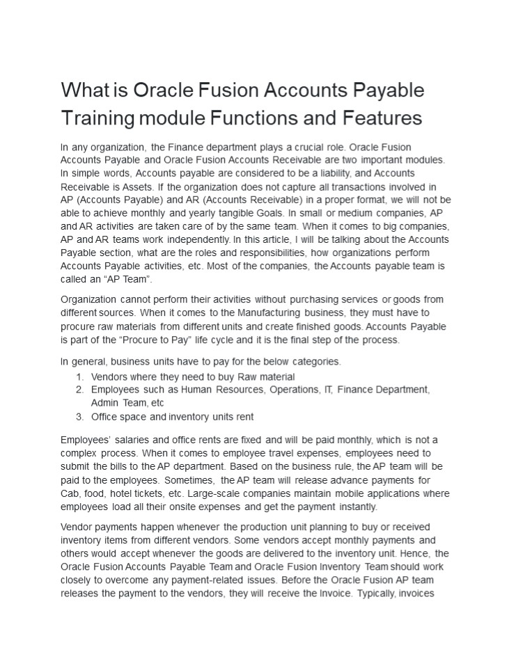 What is Oracle Fusion Accounts Payable Training module Functions and ...