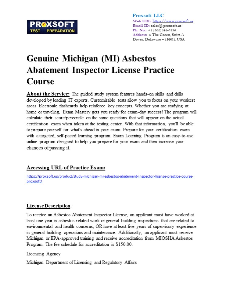 Genuine Michigan (MI) Asbestos Abatement Inspector License Practice ...
