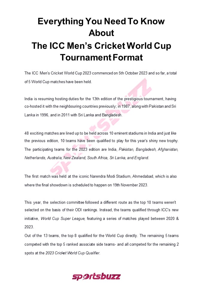 The ICC Men’s Cricket World Cup Tournament Format | SportsBuzz ...