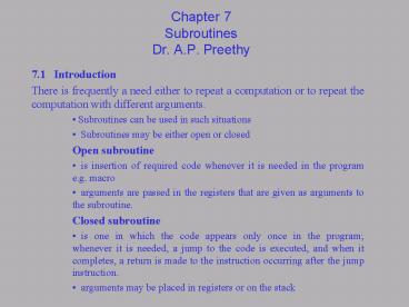 PPT – Chapter 7 Subroutines Dr' A'P' Preethy PowerPoint presentation ...
