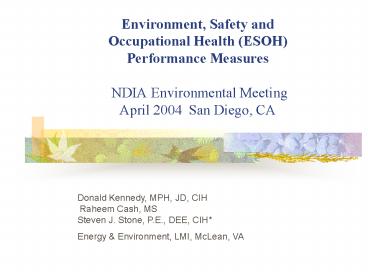 Environment, Safety and Occupational Health (ESOH) Performance Measures ...