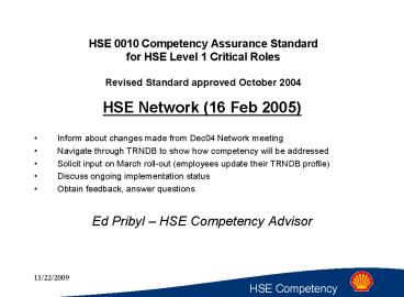 HSE 0010 Competency Assurance Standard for HSE Level 1 Critical Roles ...