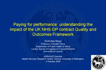 Paying for performance: understanding the impact of the UK NHS GP ...