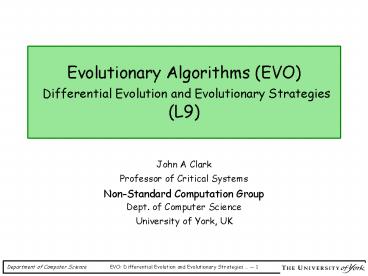 Evolutionary Algorithms EVO Differential Evolution and Evolutionary ...