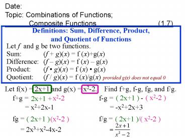 Definitions: Sum, Difference, Product, and Quotient of Functions ...