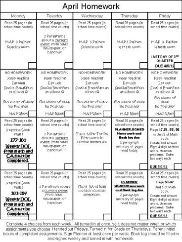 Complete 4 choices from each week. All turned in at once, so it does ...