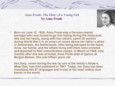 Anne Frank: The Diary of a Young Girl by Anne Frank presentation | free ...