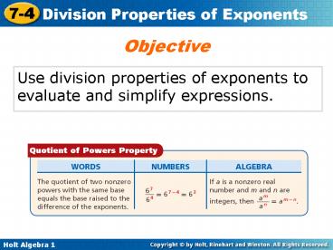 Use division properties of exponents to evaluate and simplify ...