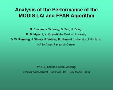 Analysis of the Performance of the MODIS LAI and FPAR Algorithm presentation | free to download