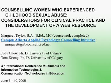COUNSELLING WOMEN WHO EXPERIENCED CHILDHOOD SEXUAL ABUSE: presentation ...