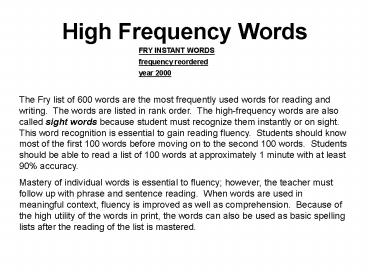 High Frequency Words presentation | free to view