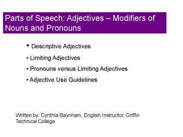 PPT – Parts of Speech: Adjectives Modifiers of Nouns and Pronouns ...