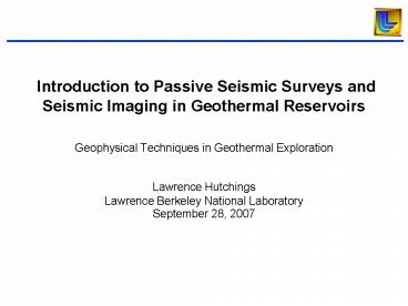Introduction to Passive Seismic Surveys and Seismic Imaging in ...