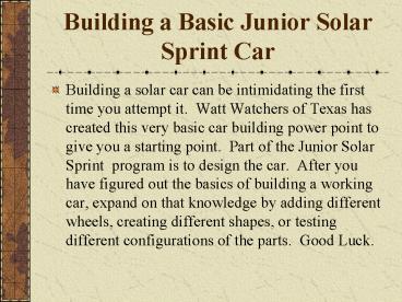 Building a Basic Junior Solar Sprint Car presentation | free to view