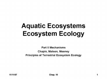 PPT – Aquatic Ecosystems Ecosystem Ecology PowerPoint presentation ...
