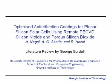 Optimised Antireflection Coatings for Planar Silicon Solar Cells Using Remote PECVD Silicon ...