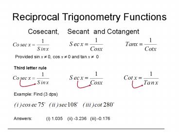 PPT – Reciprocal Trigonometry Functions PowerPoint presentation | free ...