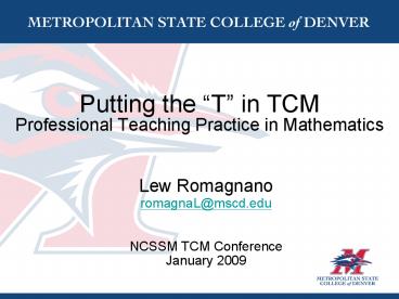 Putting the T in TCM Professional Teaching Practice in Mathematics ...
