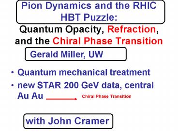 Pion Dynamics and the RHIC HBT Puzzle: Quantum Opacity, Refraction, and the Chiral Phase ...