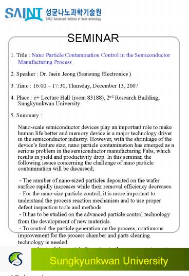 PPT – 1' Title : Nano Particle Contamination Control in the ...